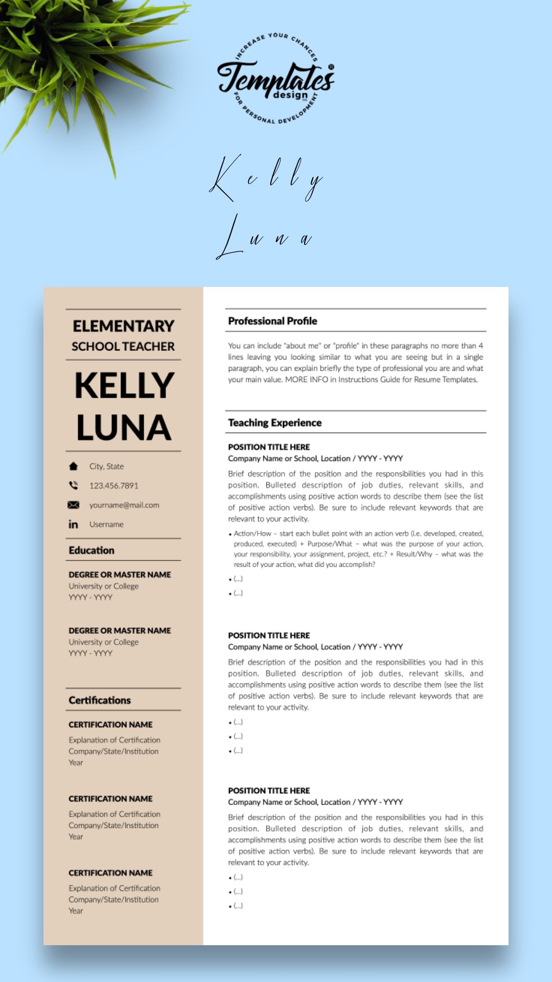 Teacher Resume CV Template for Word & Pages Kelly Luna