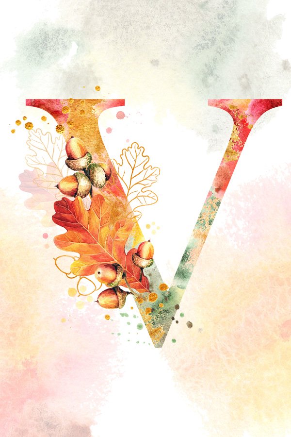 Fall Watercolor Letter, Monogram V clipart JPG PNG