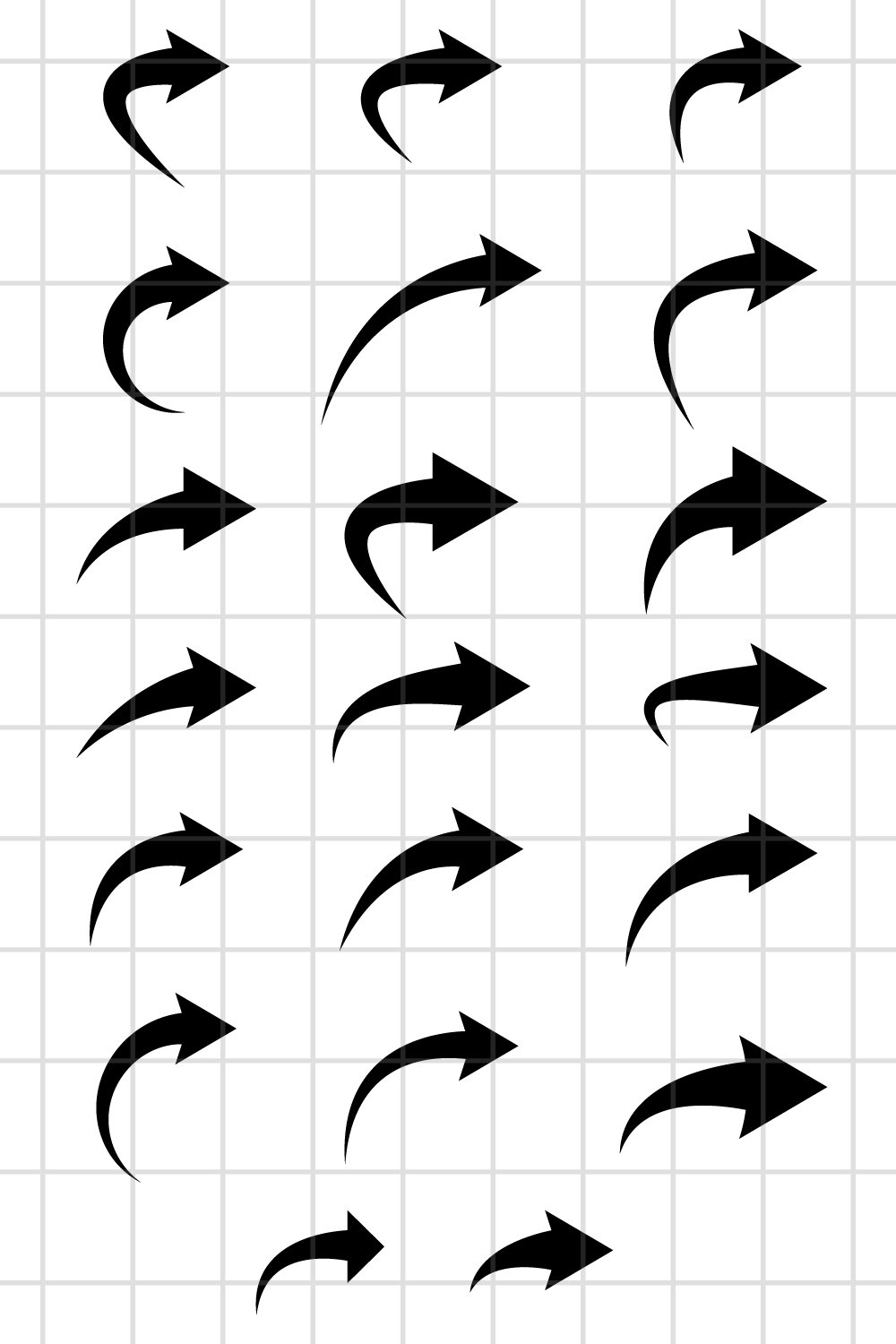 Set of black curved arrow icons. Vector: eps & ai.