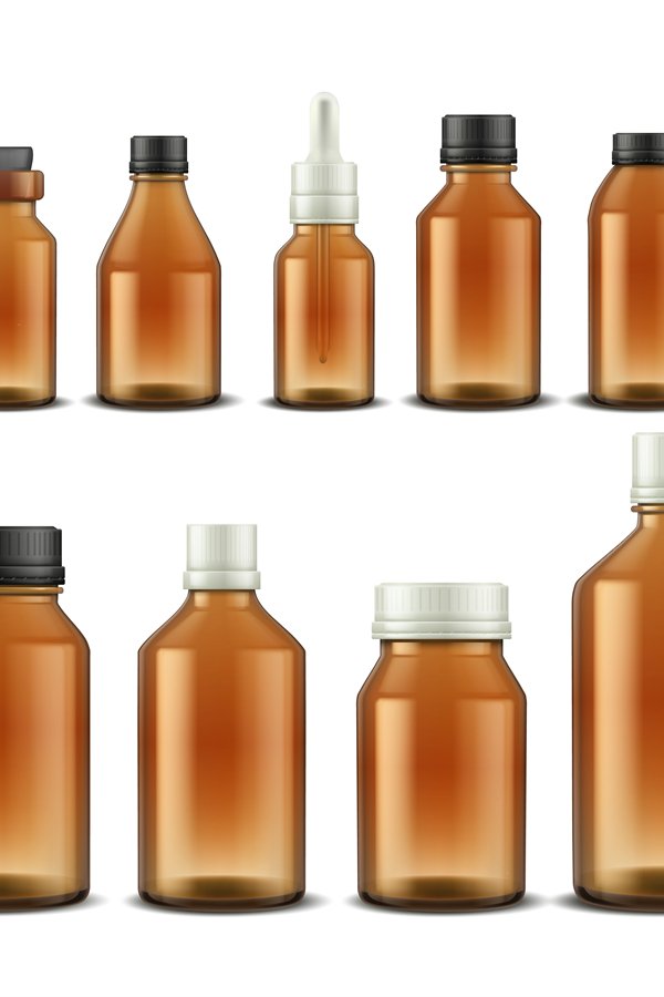 Medical bottle. Realistic pharmacy glass containers for pill