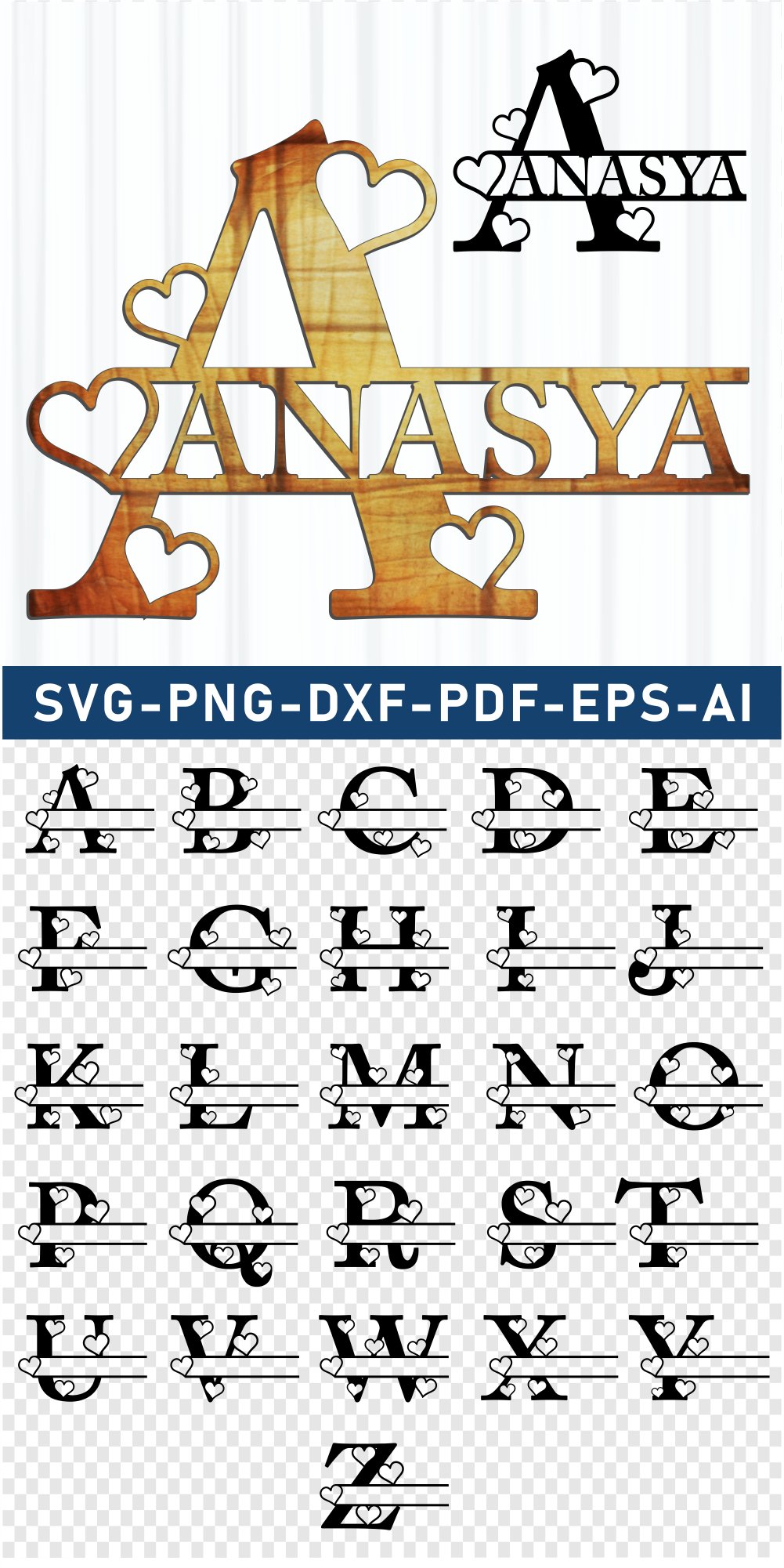 Love Hearts Monogram Split Letters SVG, Font Laser Cut Files