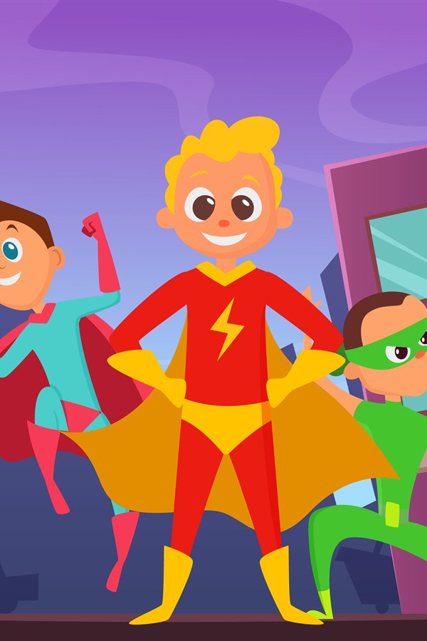 Urban background with superhero kids in action poses. Illust