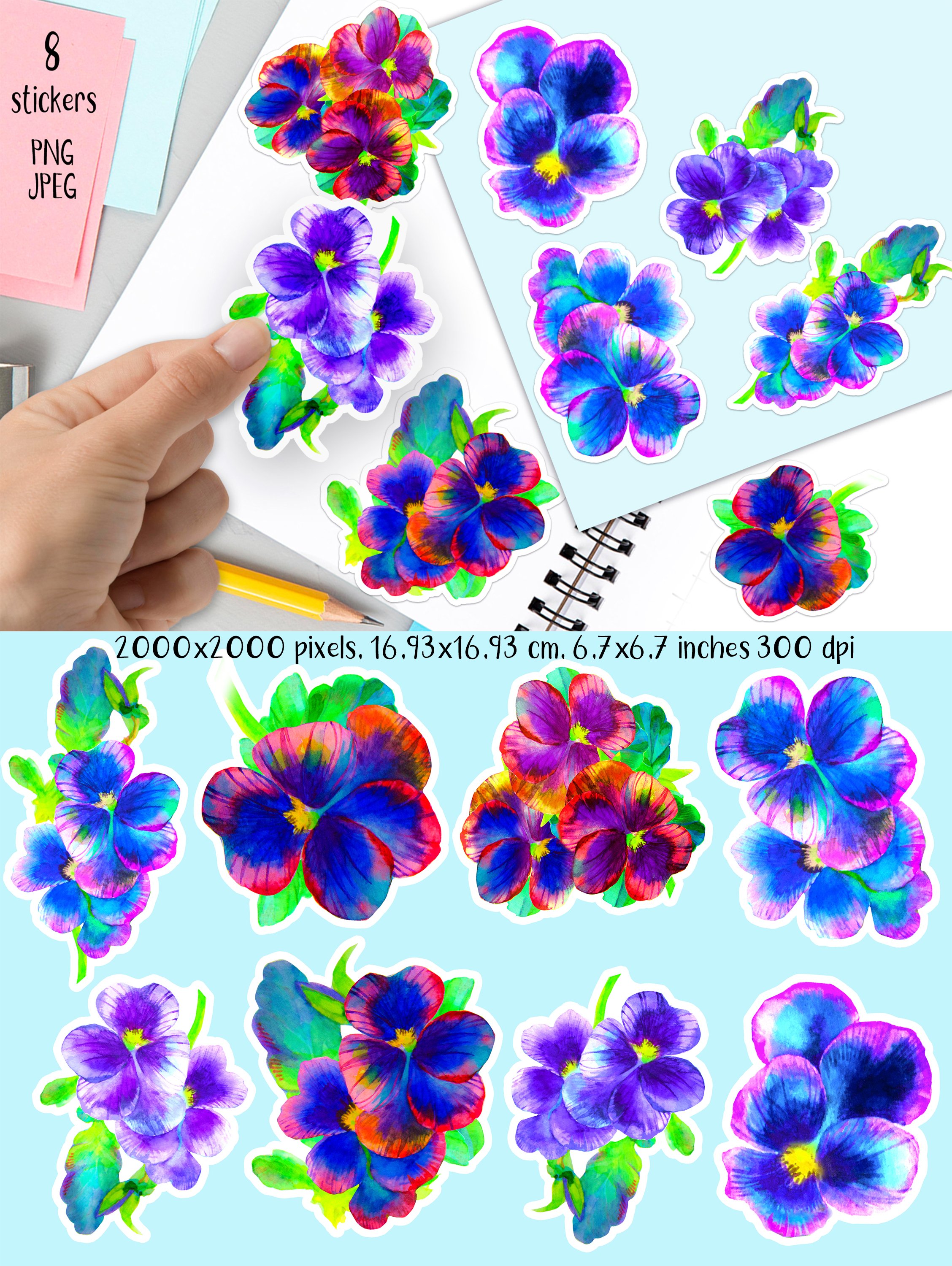 8 STICKERS in PNG, JPEG/ Retro Watercolor viola flowers.