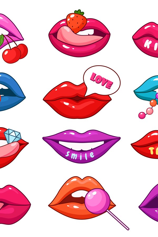 Lips patches. Fashionable cartoon girl lip, blue pink red se