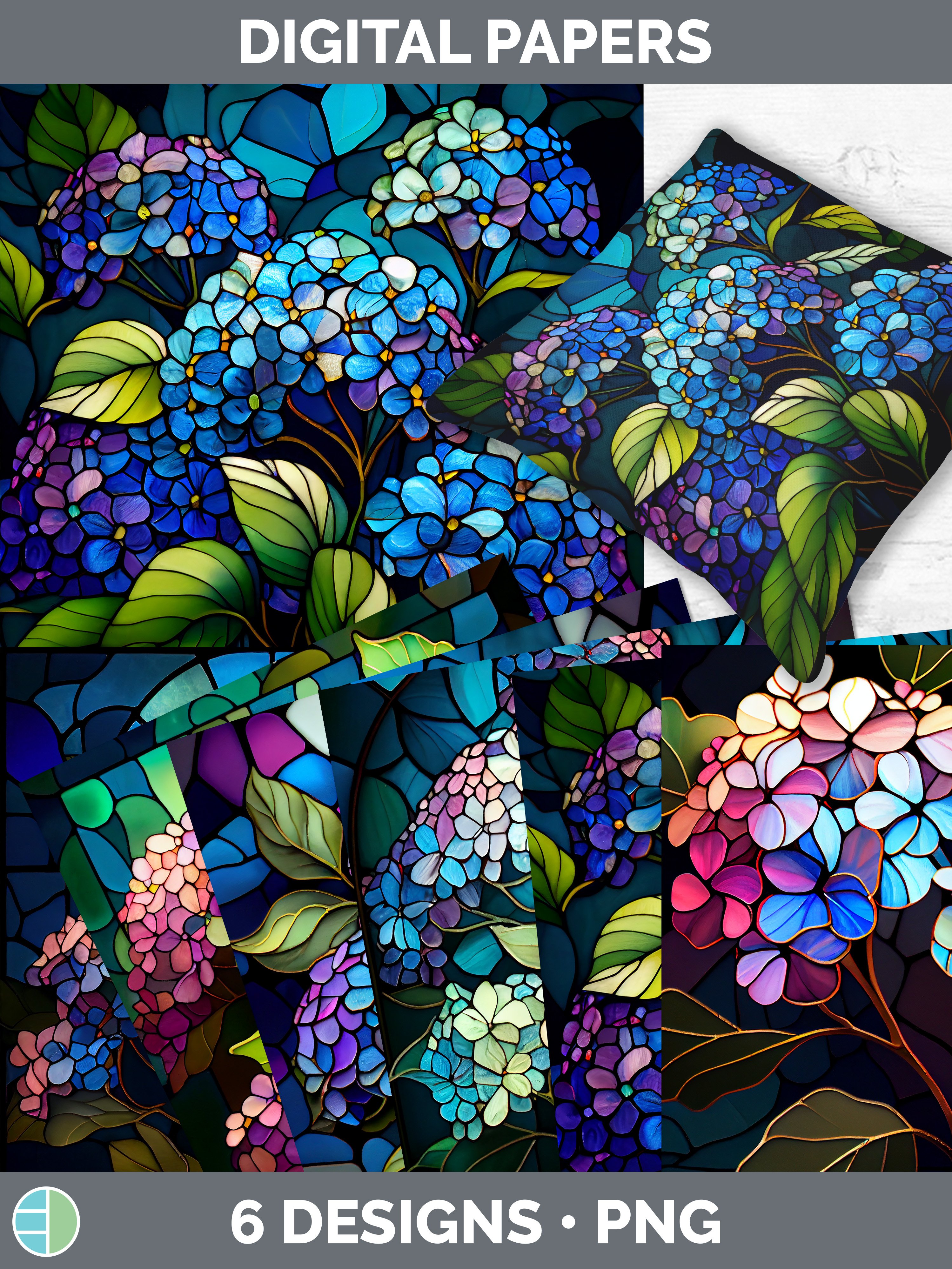 Stained Glass Hydrangea Flowers Paper Backgrounds | Digital