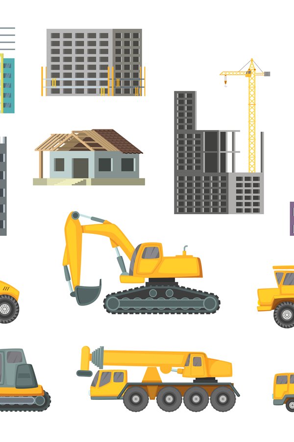 Big heavy yellow machines and modern buildings at constructi