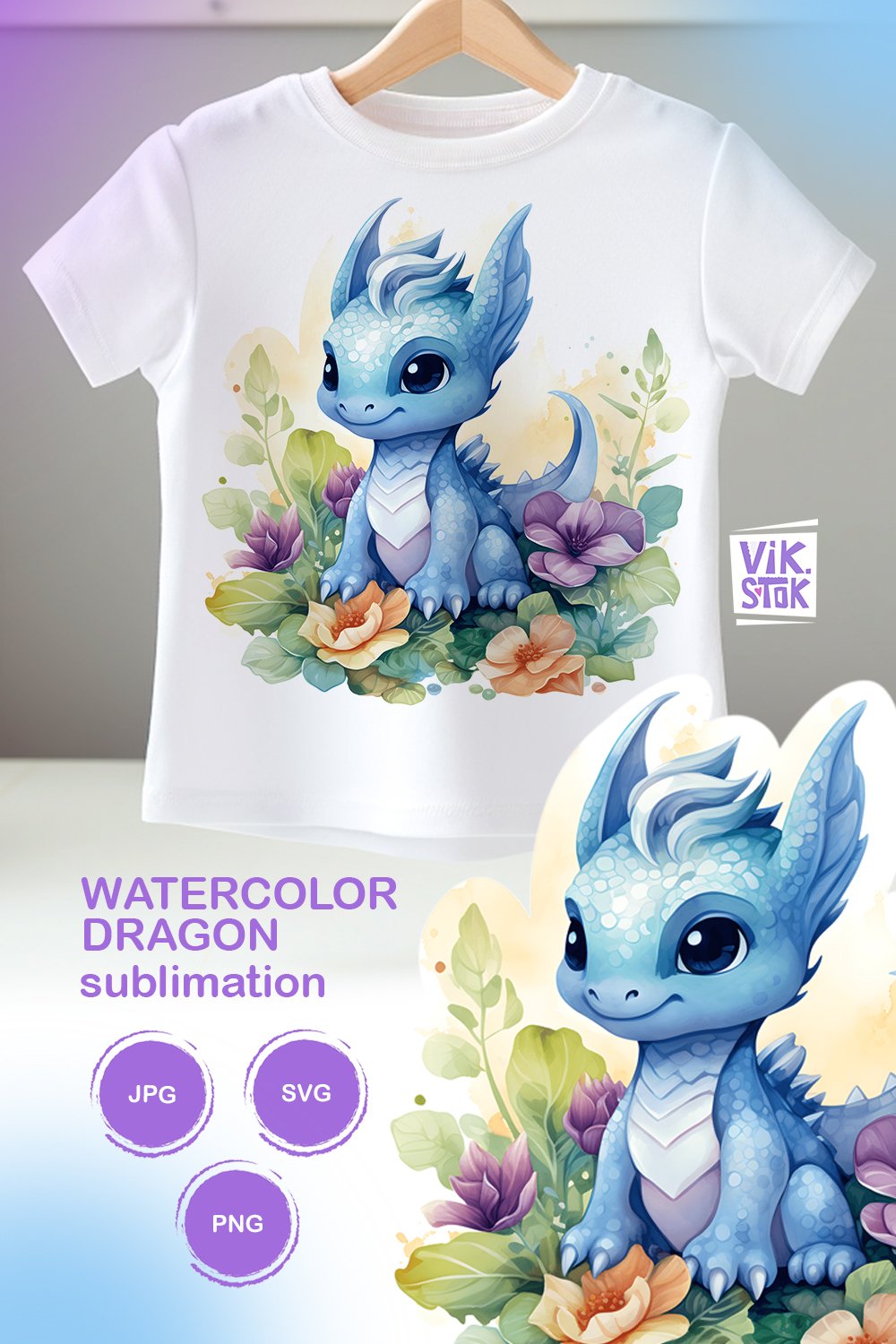 Watercolor Cute Dragon sublimation PNG (2819601)