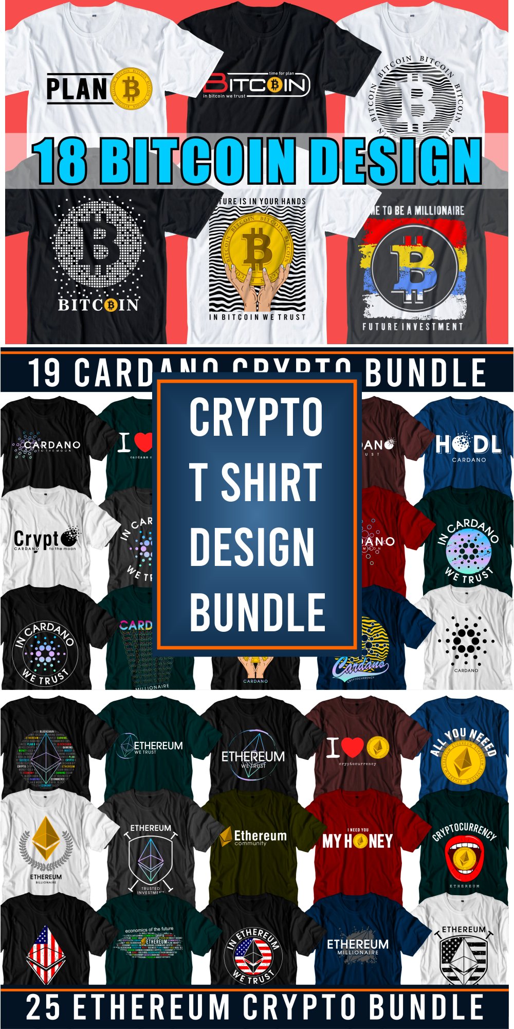 T Shirt Design Bundle , Crypto, Bitcoin, Cardano, Ethereum,