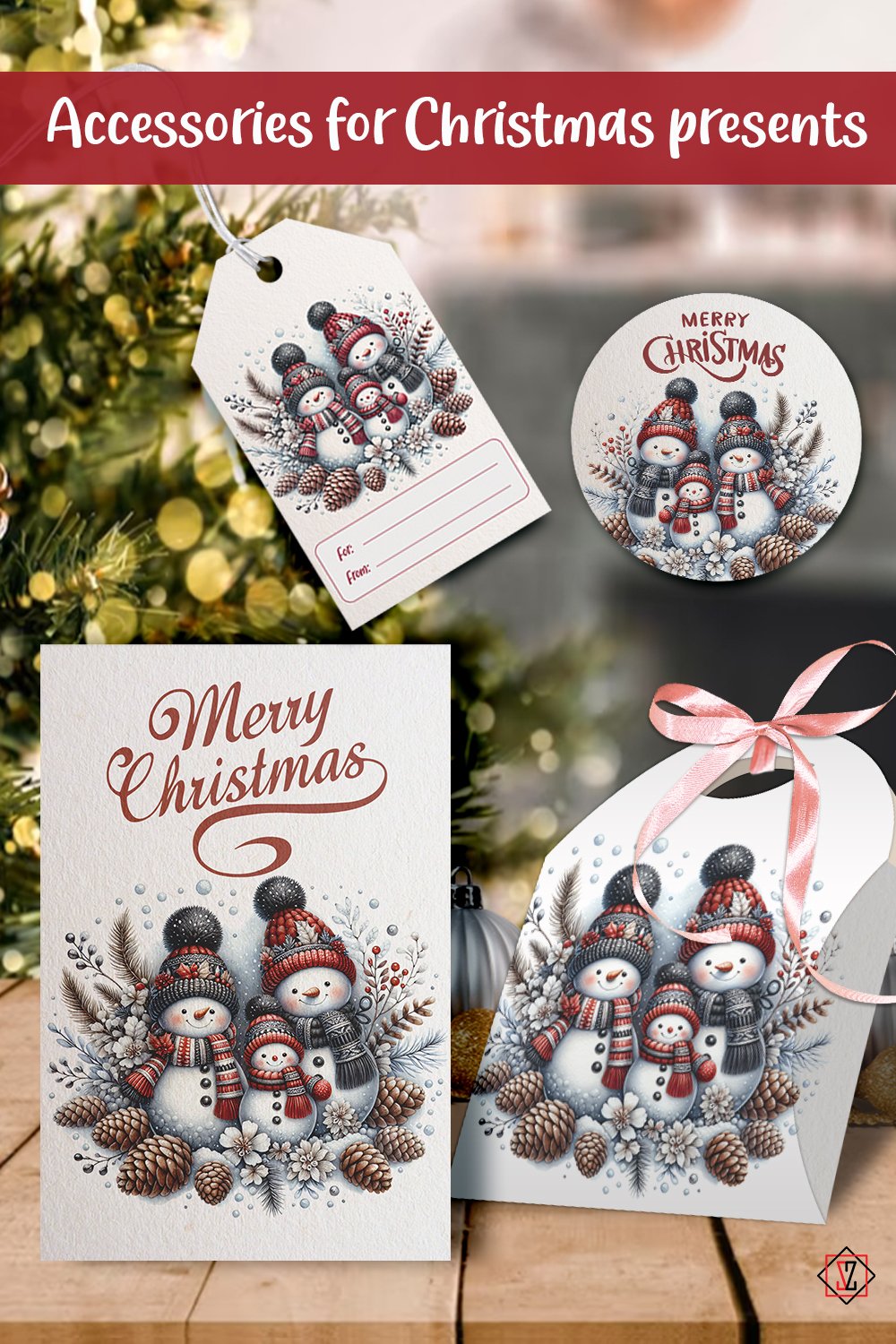 Christmas gift accessories. Tags, card and gift box.