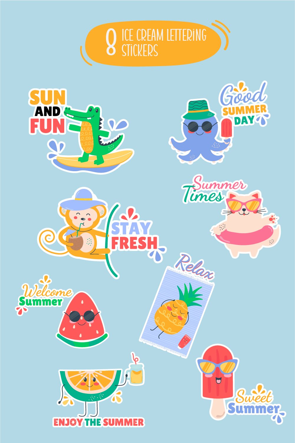 Summer kawaii stickers, label design with lettering