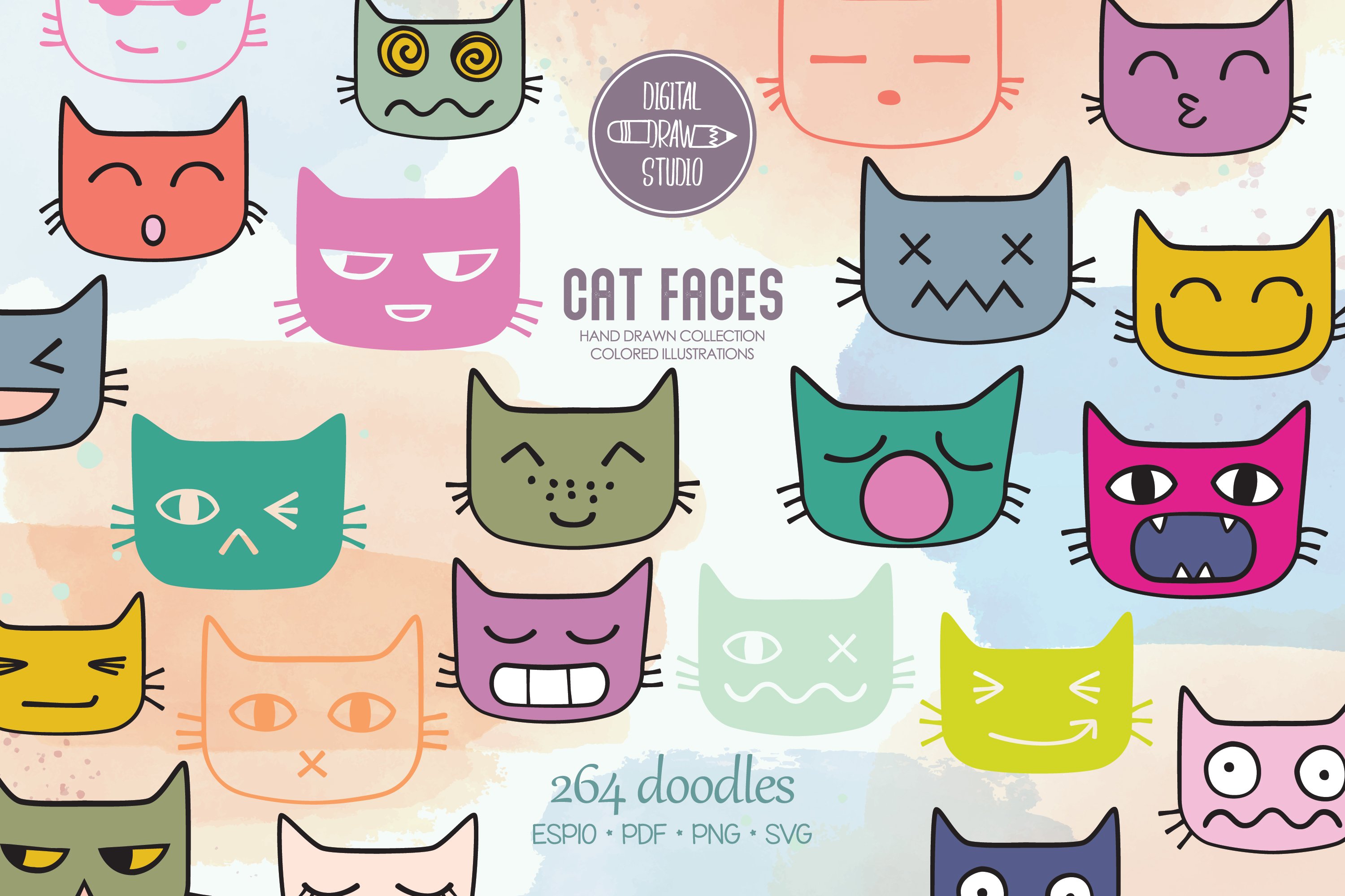 Cat Faces Kawaii | Colored Kittens Emoji | Feline Emotions
