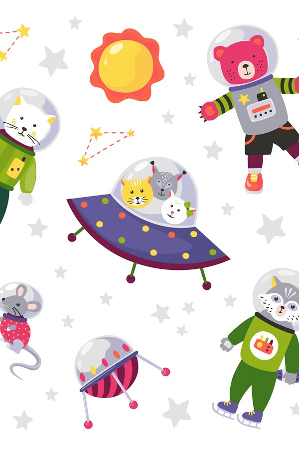 Space animal kids. Cartoon baby characters in space costumes