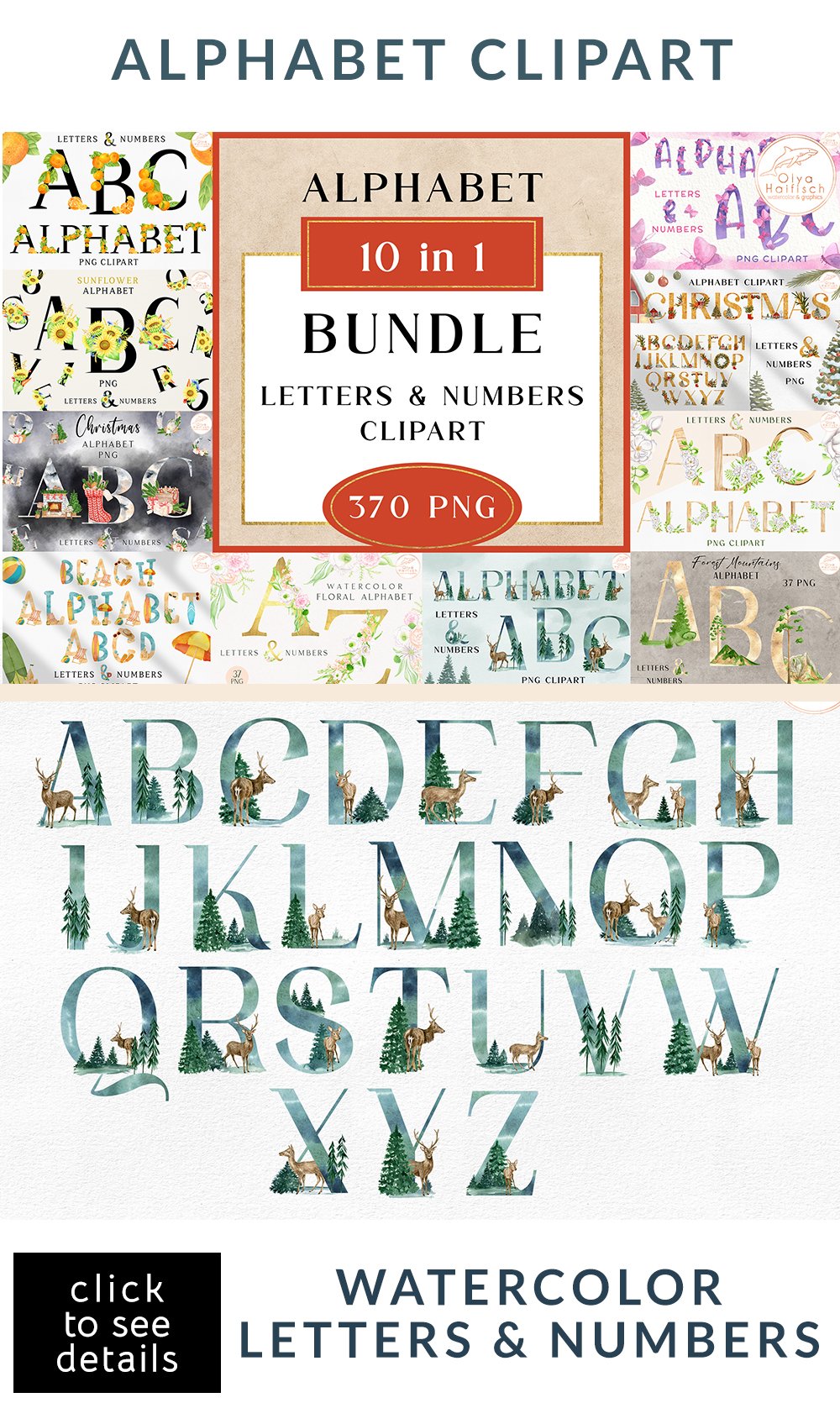 Watercolor Alphabet Clipart Bundle. Letters and Numbers PNG