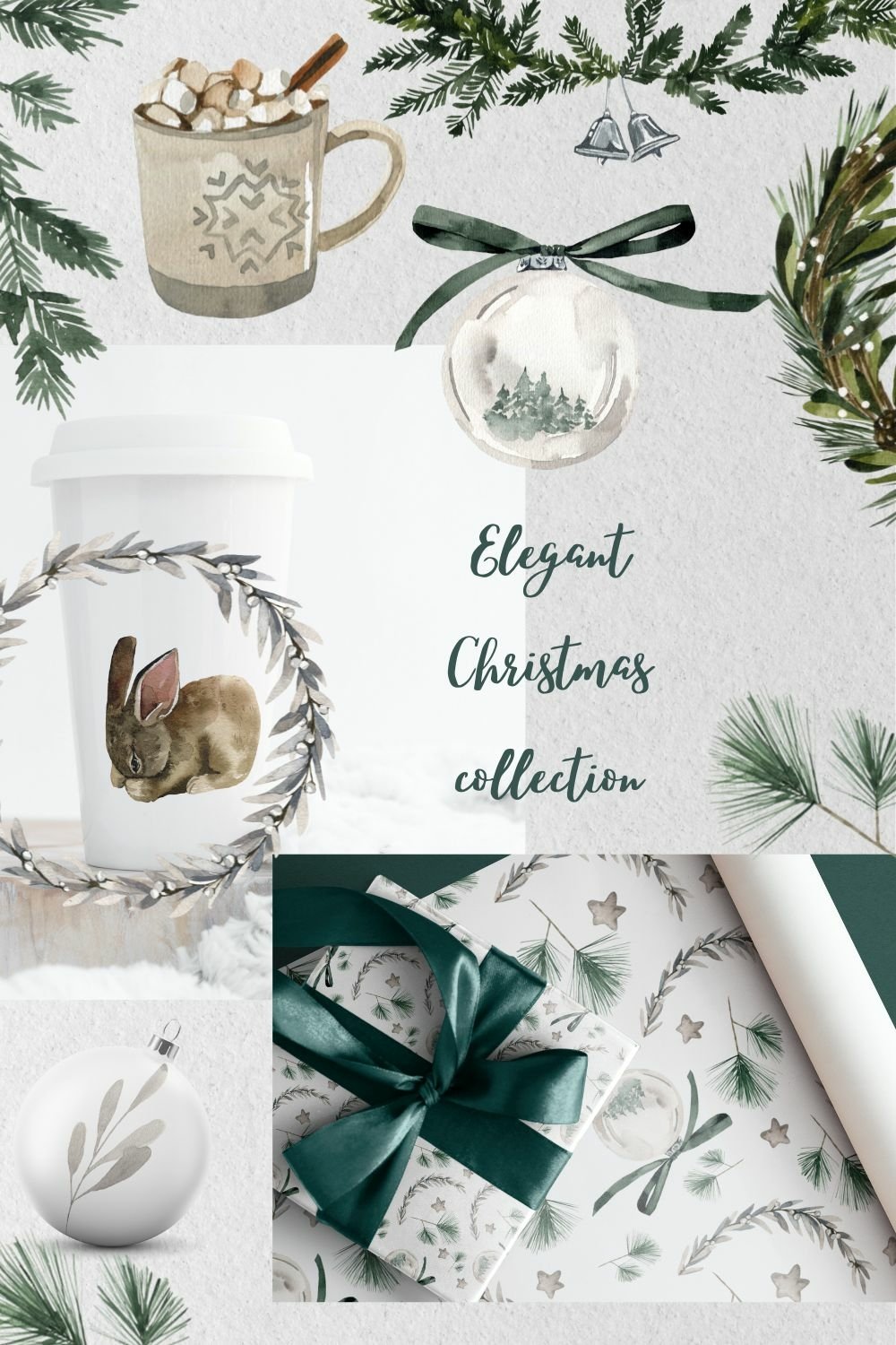White Christmas watercolor elegant Clipart of 65 elements