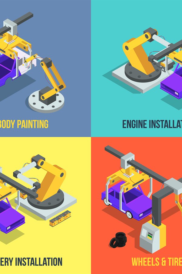 Car production phases. Automated machinery line. Industrial