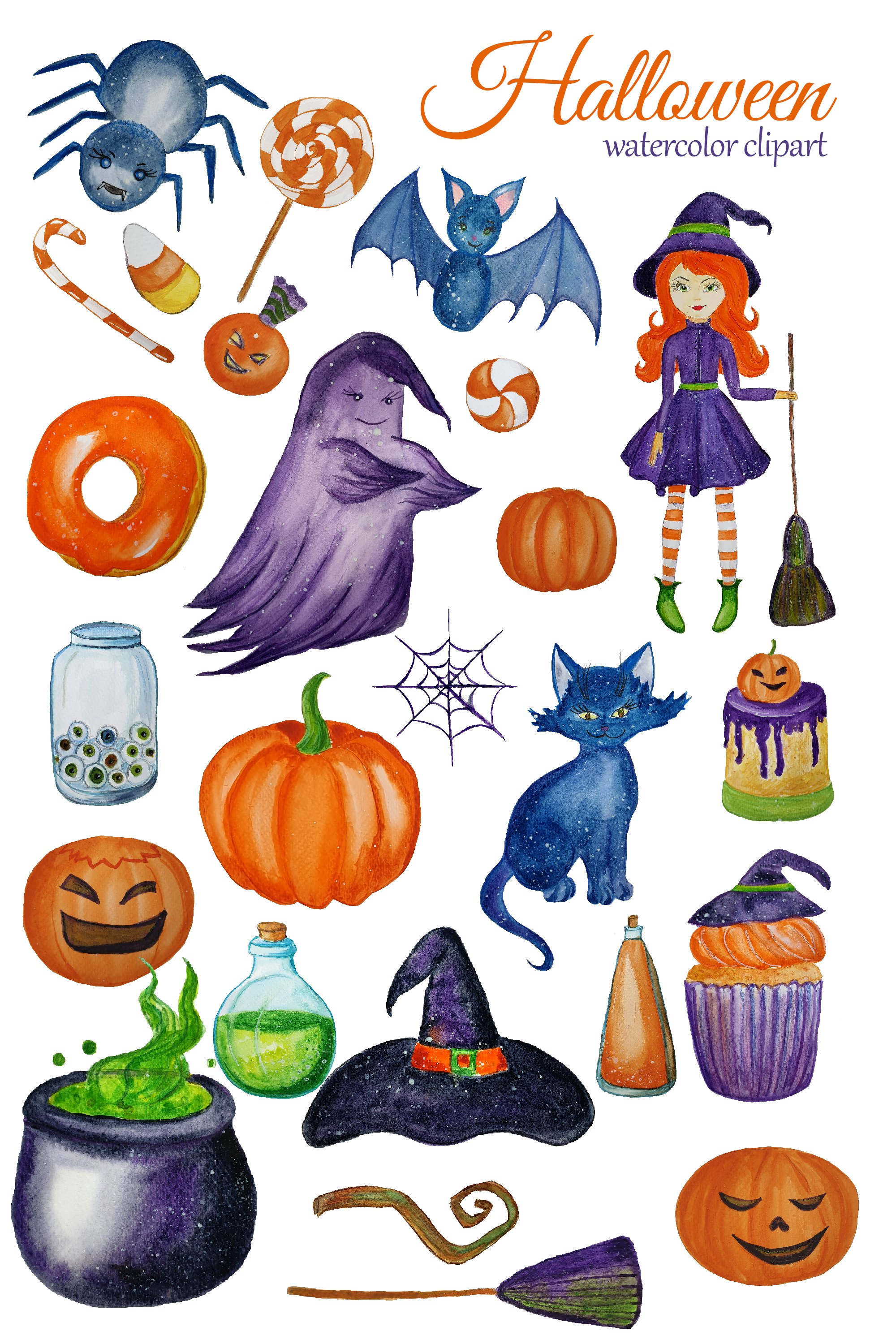 Watercolor Cute Halloween Clipart. Witch clip art (734590)