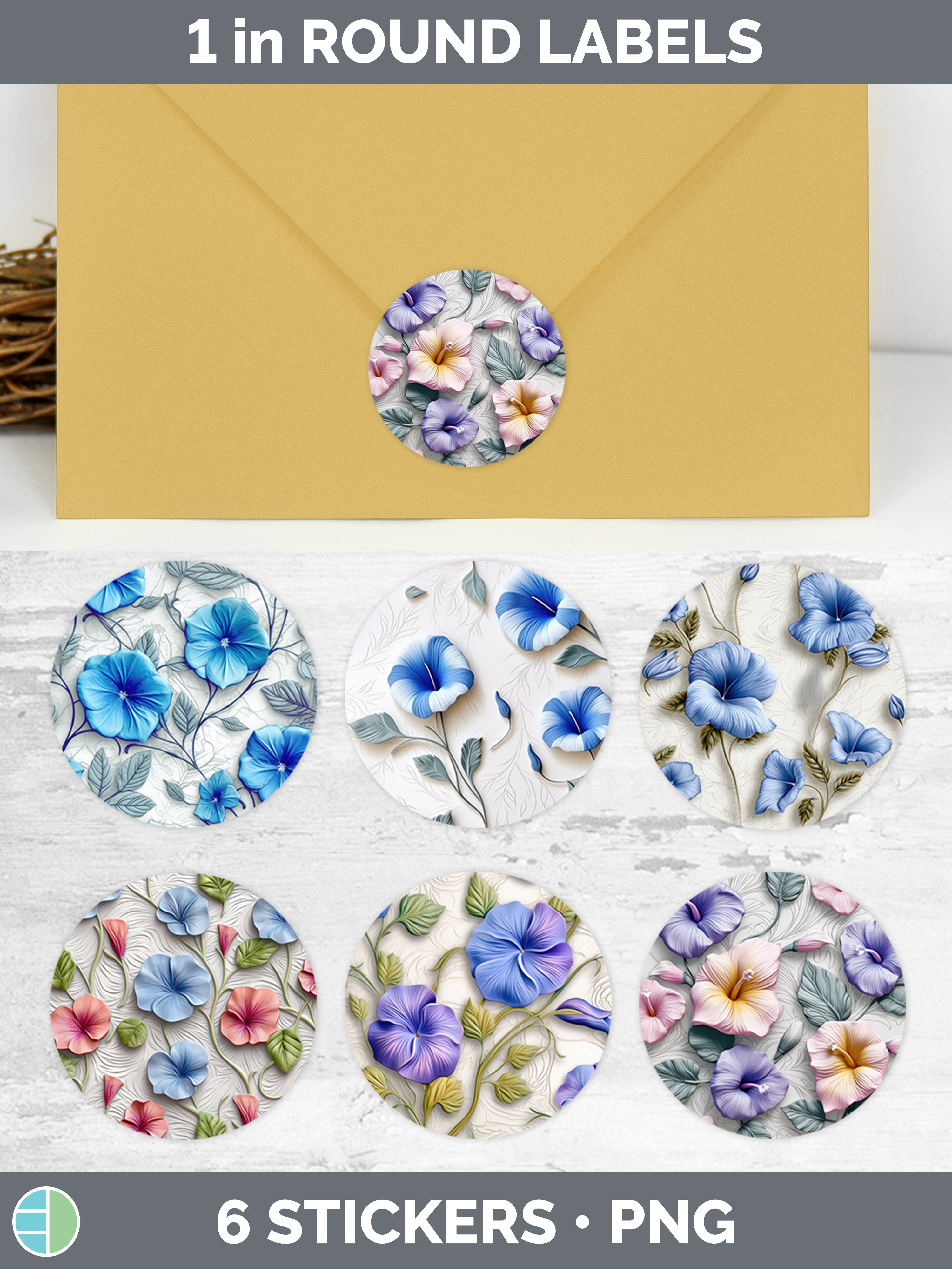 3D Morning Glory Flowers Stickers | Round Labels Designs Bun