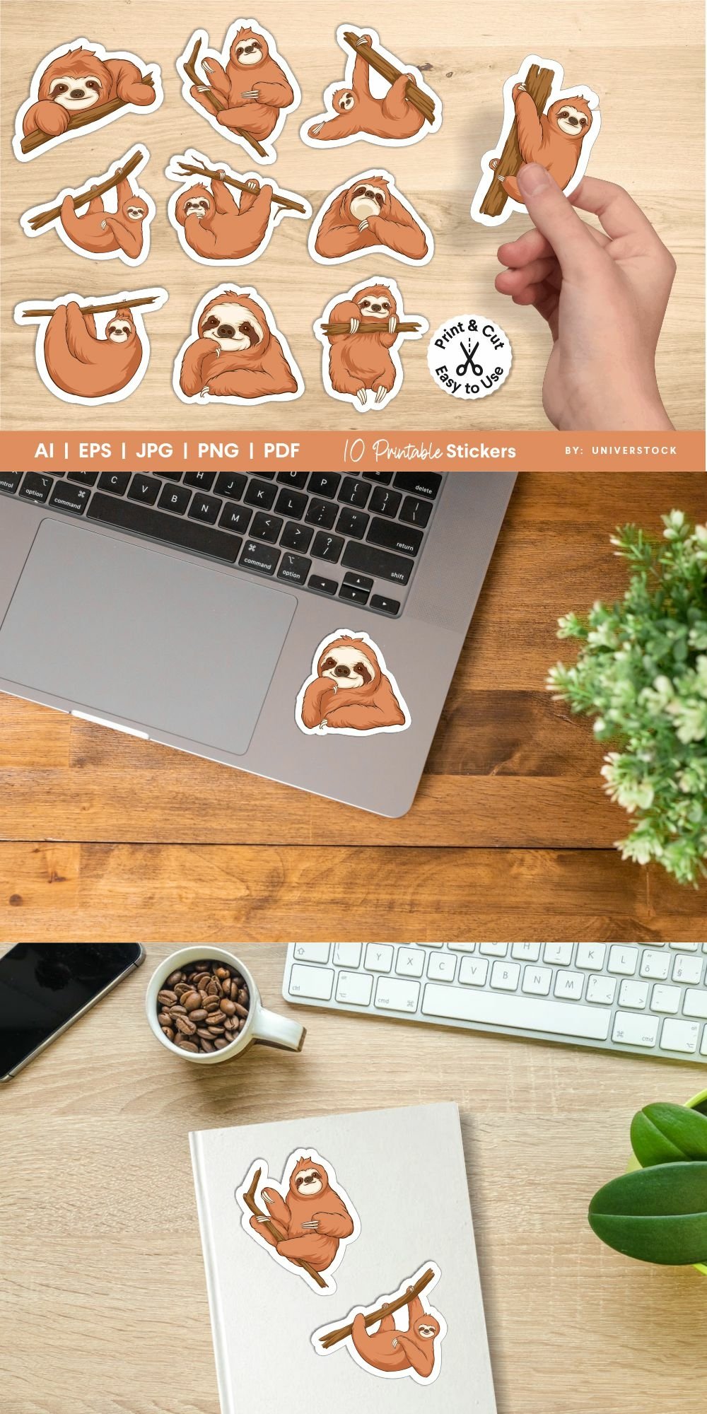 Cute Sloth Stickers, Sloth Cartoon Printable Stickers