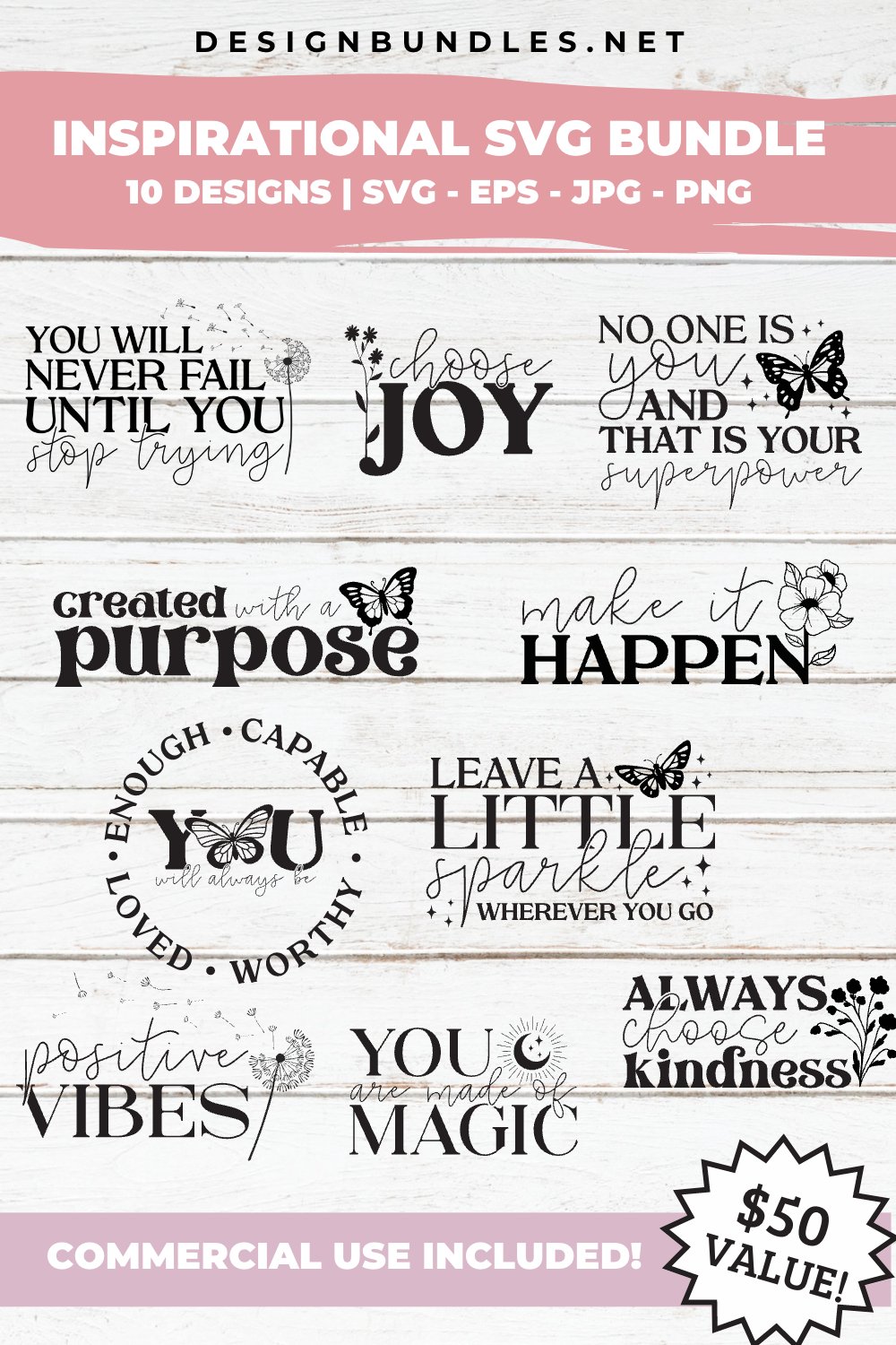 Positive Quote SVG Bundle | 10 Inspirational Cut Files