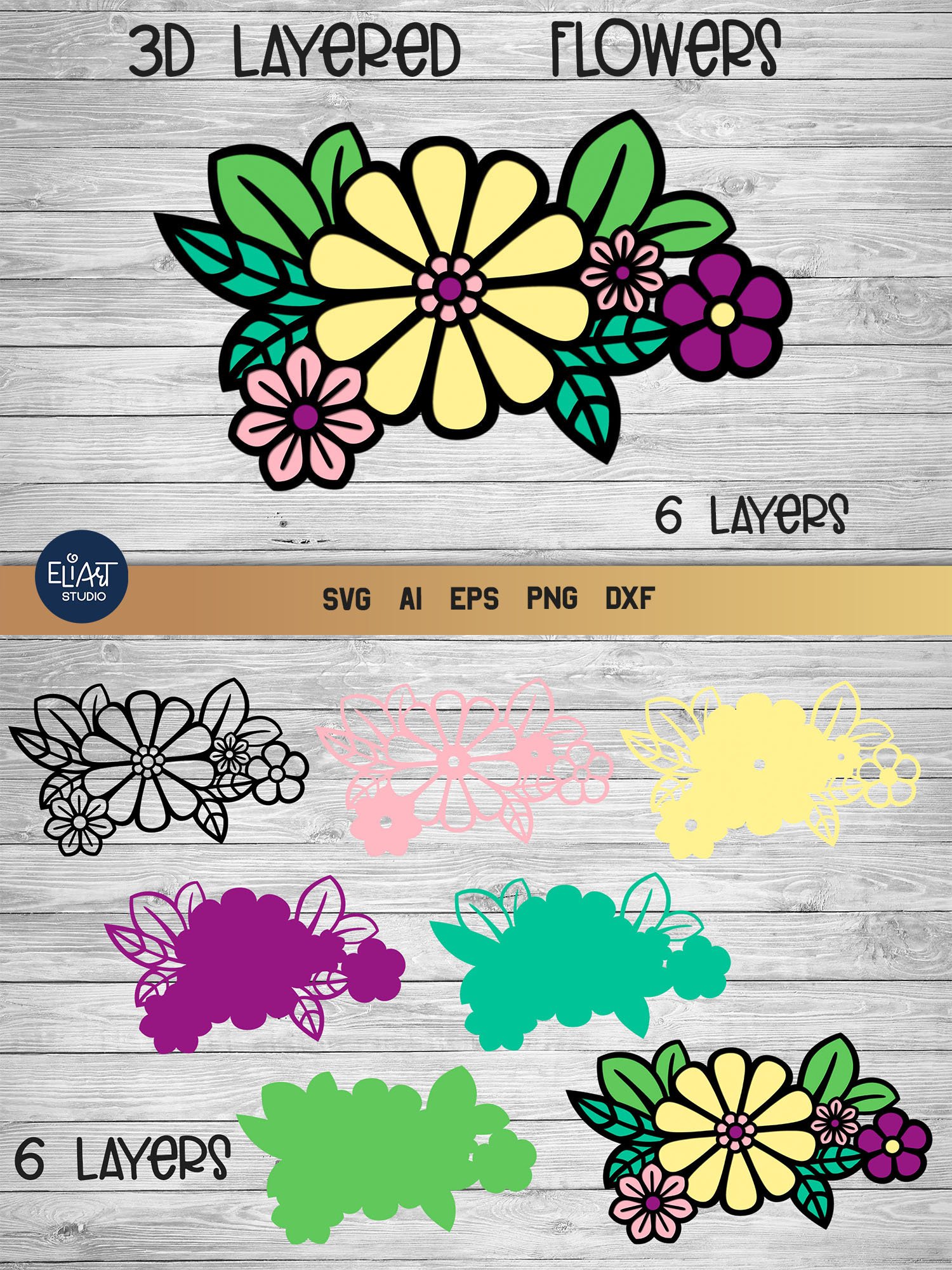 3d Flower SVG | Layered SVG Flowers | 3d Floral Bouquet SVG