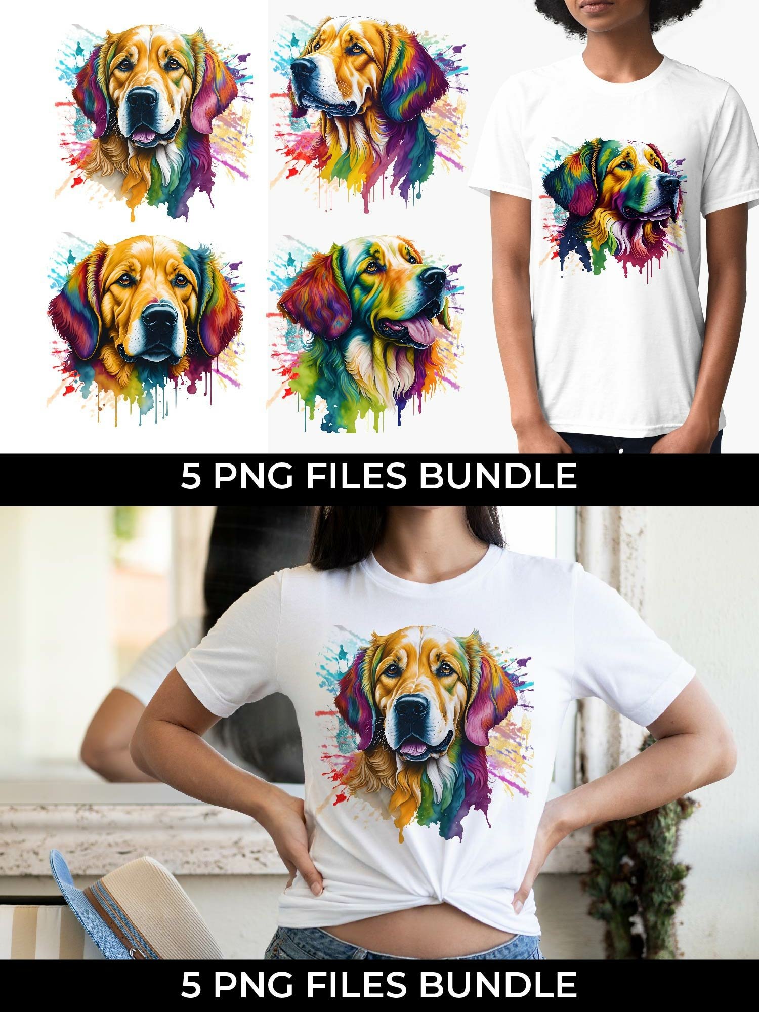 Rainbow Golden Retriever Watercolor PNG for Sublimation