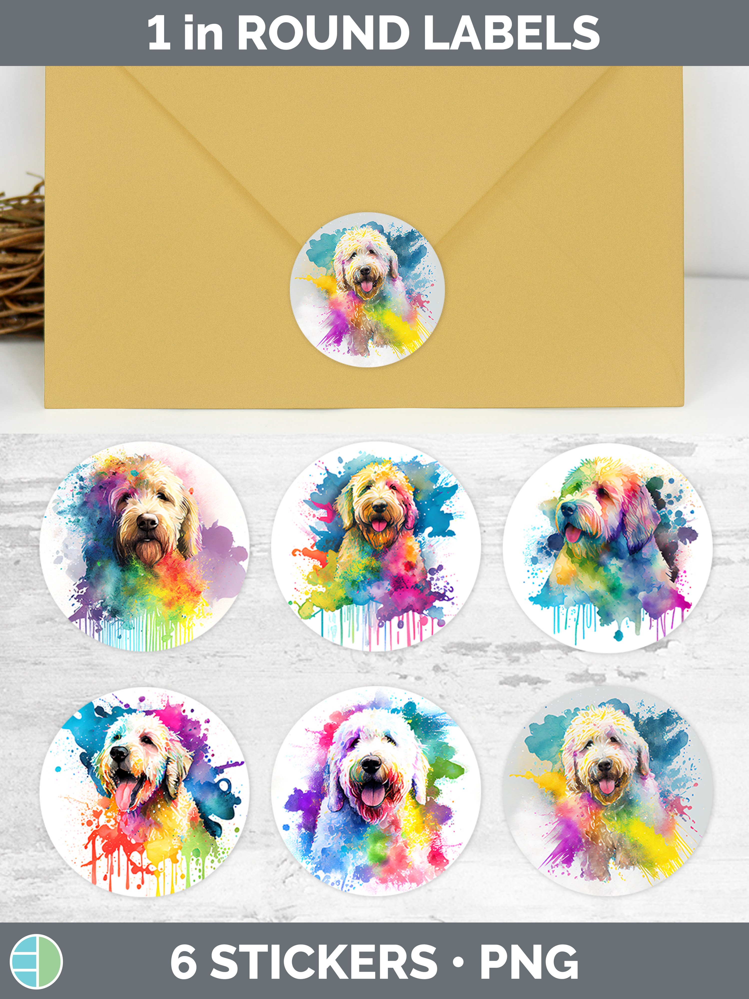 Rainbow Goldendoodle Dog Stickers | Round Labels Designs Bun