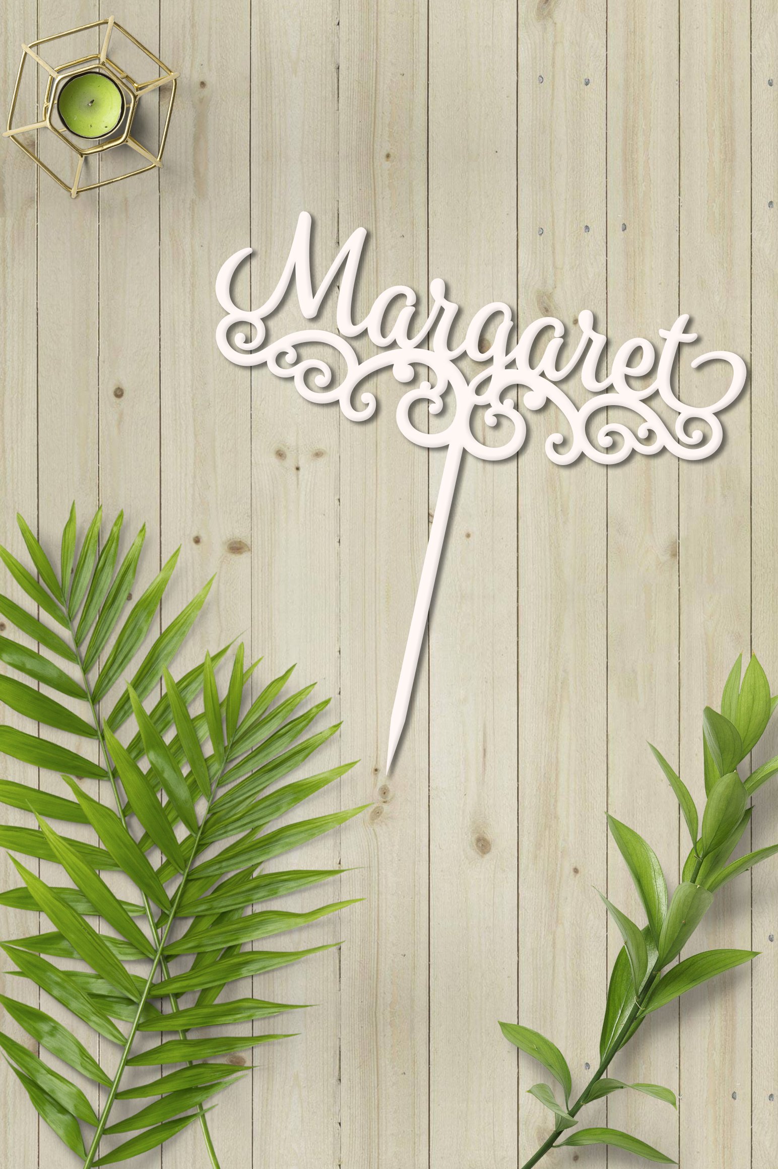 Margaret. Name topper for a birthday cake. Laser cutting.