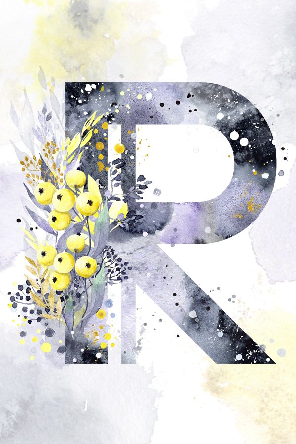 Watercolor Letter, Monogram R. Sublimation Design. JPG, PNG.