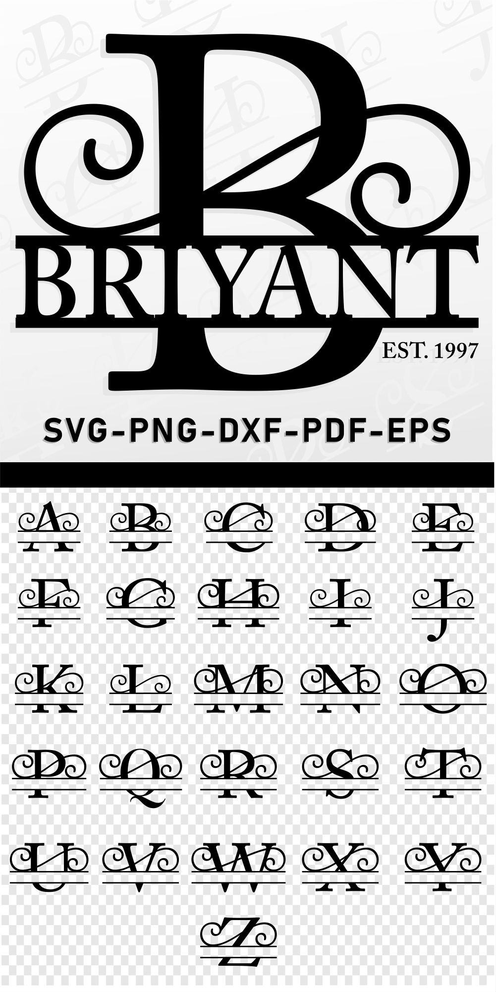 Monogram Flourish Split Alphabet Letters, Ornate Font SVG