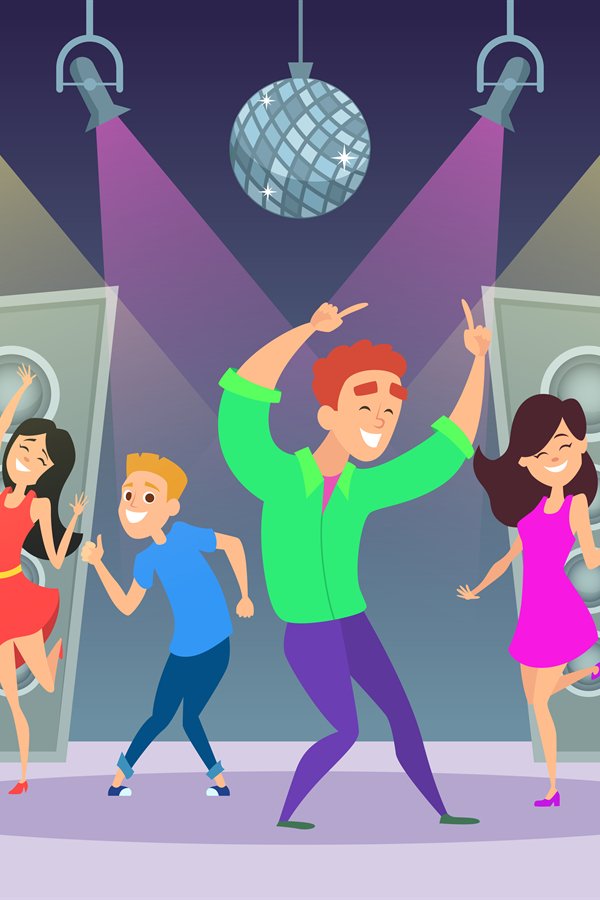 Funny people dancing on dance floor. Disco party