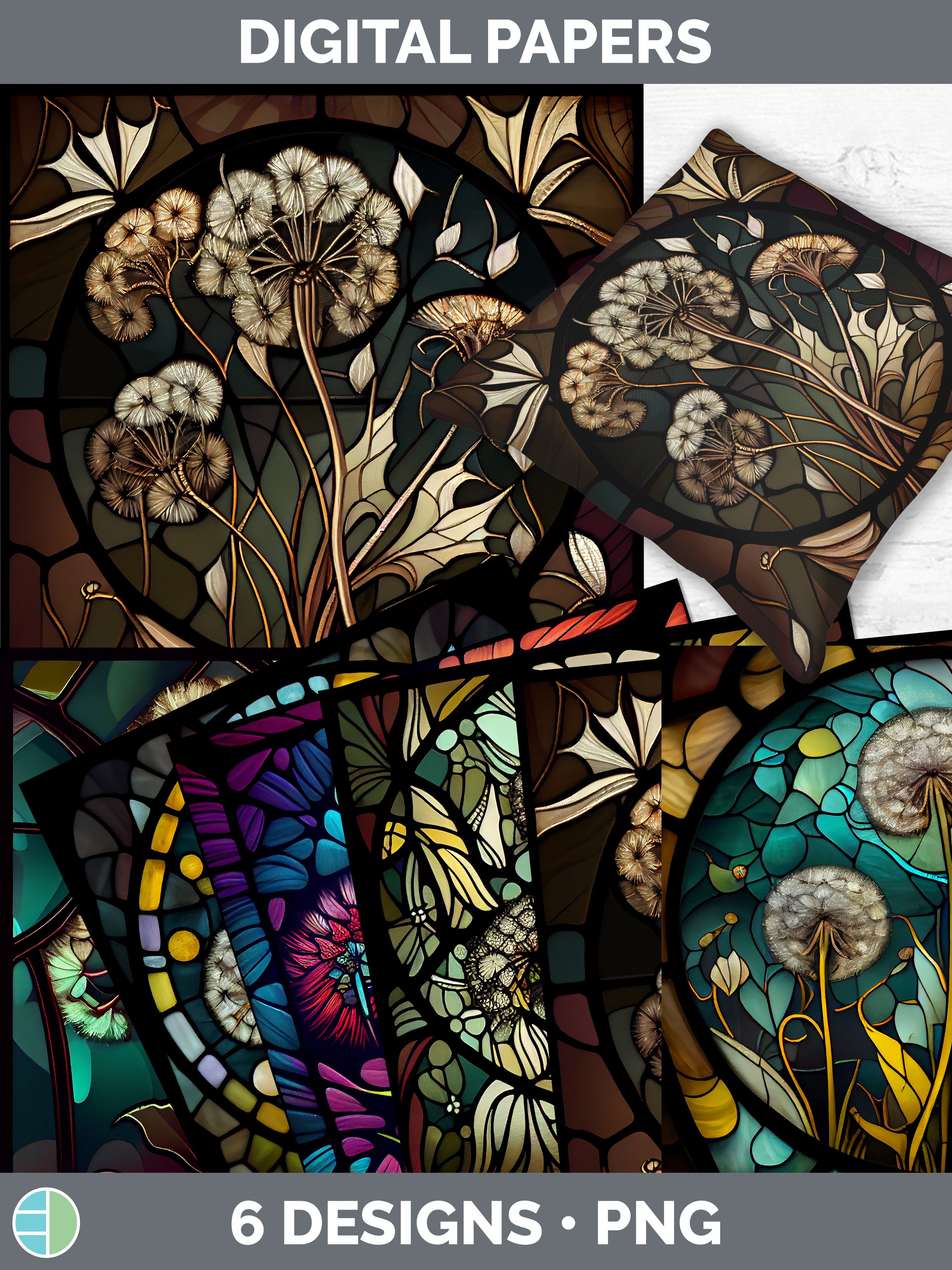 Stained Glass Dandelion Flowers Paper Backgrounds | Digital