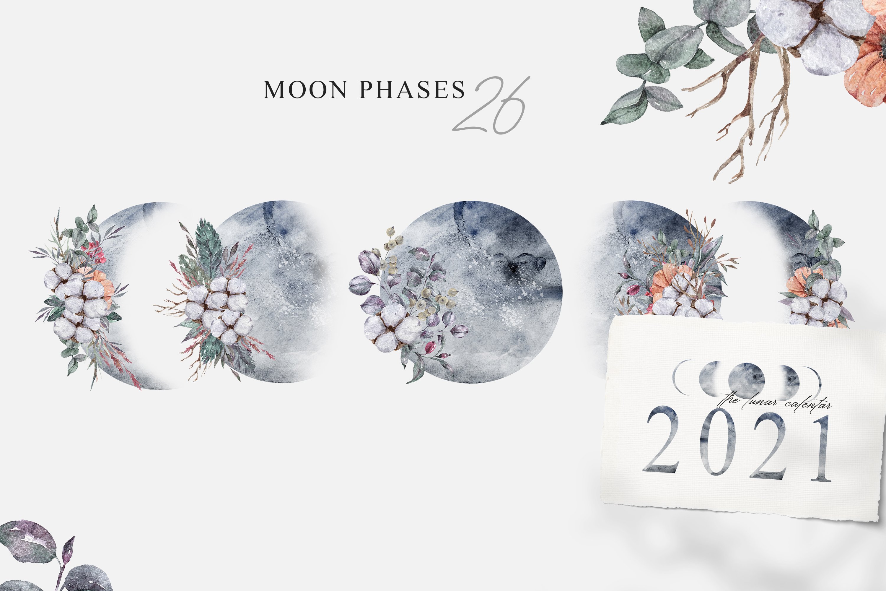 26 watercolor moon phases clipart. Winter moon illustration