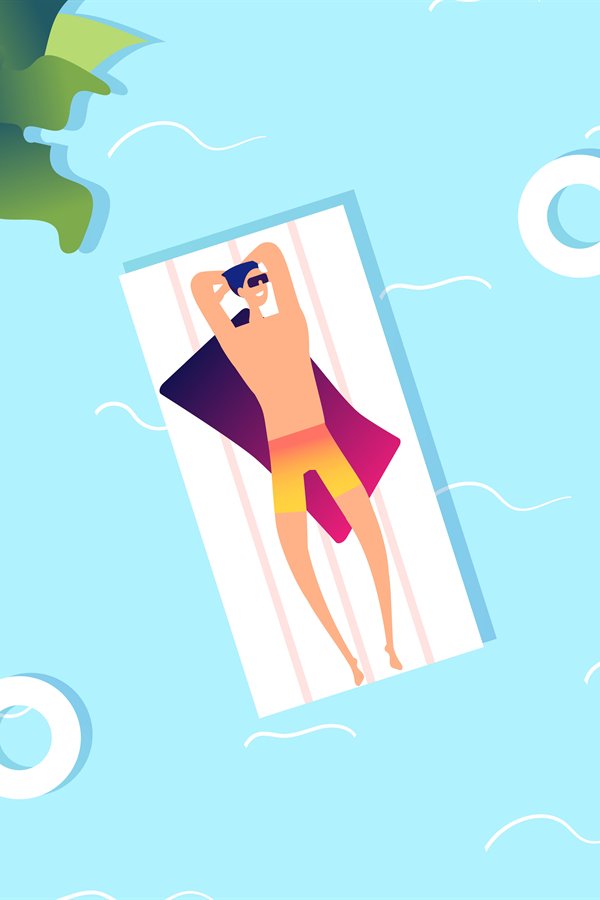 Man swimming. Summer sea guy in water. Cartoon person on mat