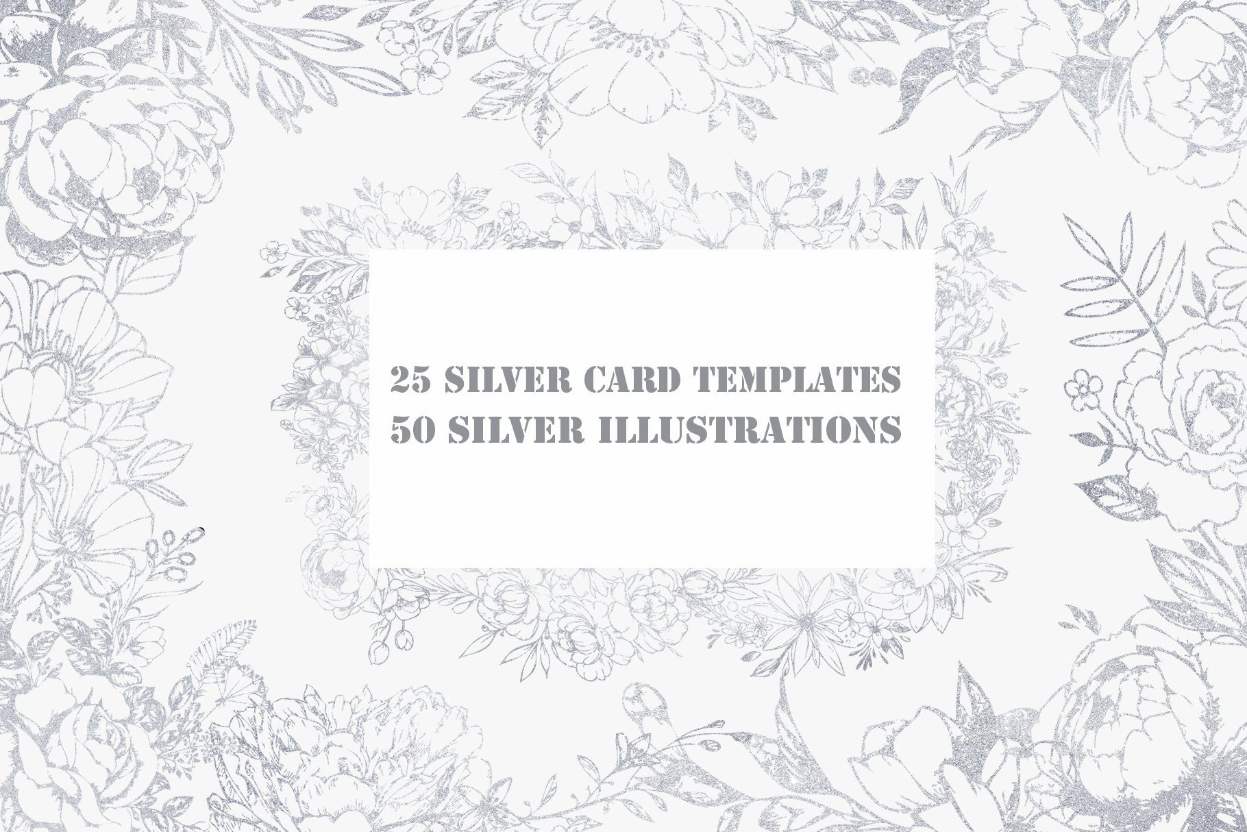 Card templates and floral illustrations in silver