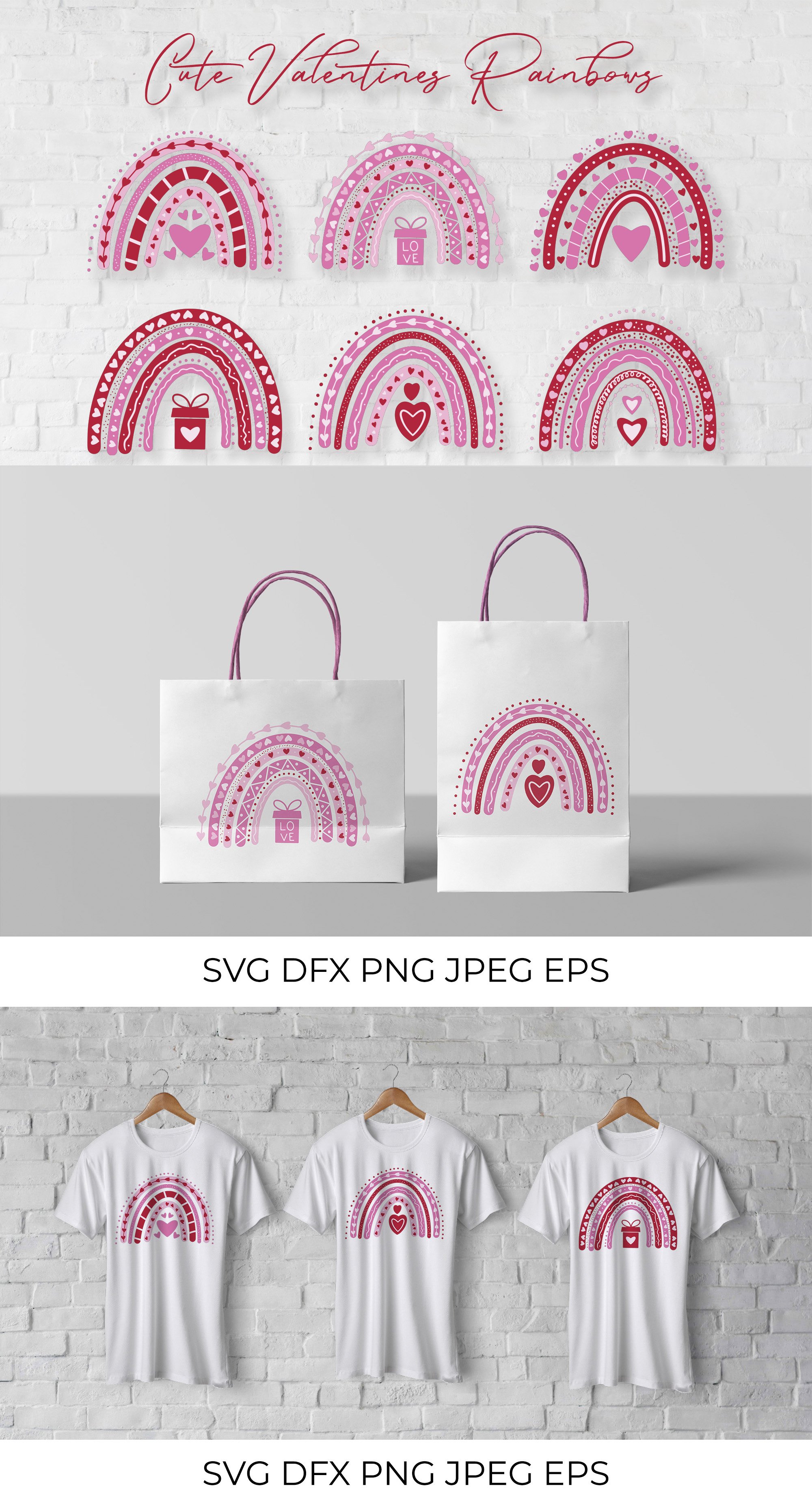 Cute Valentines Rainbows SVG Bundle. Valentine Clipart.