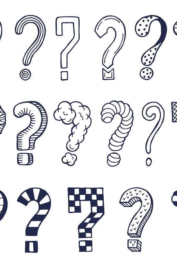 Set of drawn question marks in different styles. Vector dood