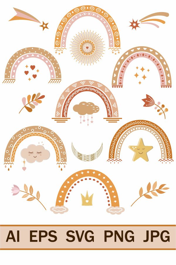 Rainbow clip art set with Boho pattern
