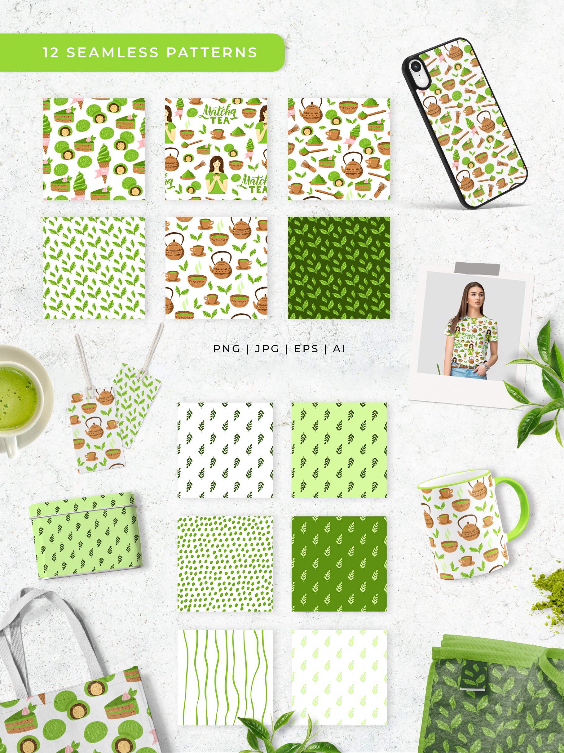 Matcha Green Tea Digital Paper Bundle, Matcha pattern bundle