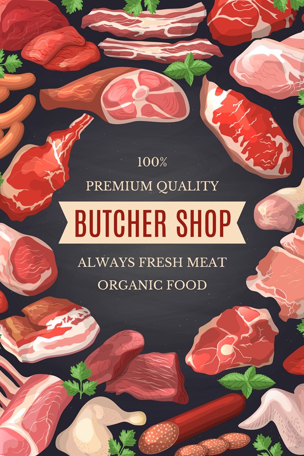 Food pictures set. Illustrations of meat. Poster for butcher