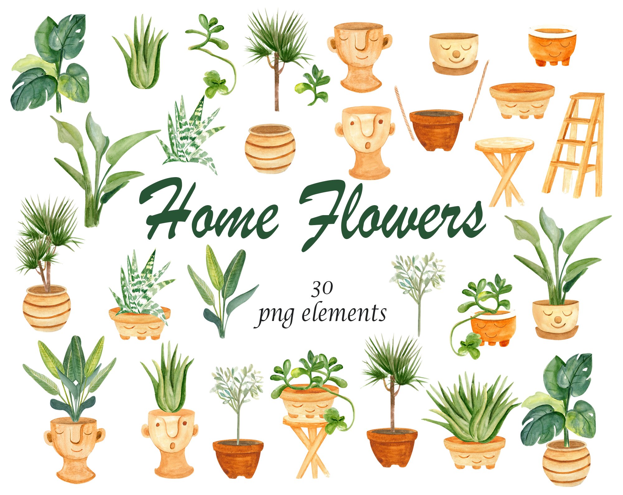 House plants, Boho home decor watercolor clipart