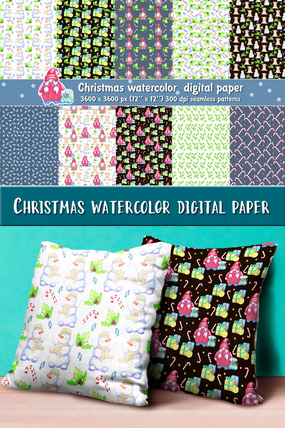 Watercolor Christmas Digital Paper, Cute Gnomes, (2259187)