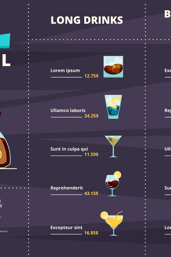 Cocktail menu. Alcoholic different corporate drinks in resta