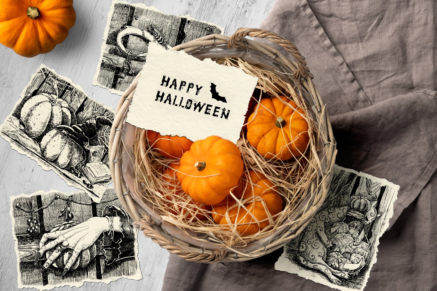 Vintage Halloween clipart. Black and white graphics postcard
