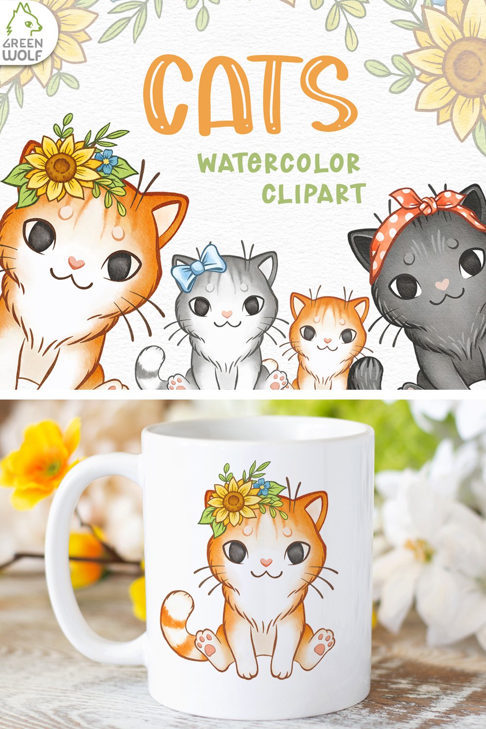 Cute cat watercolor clipart