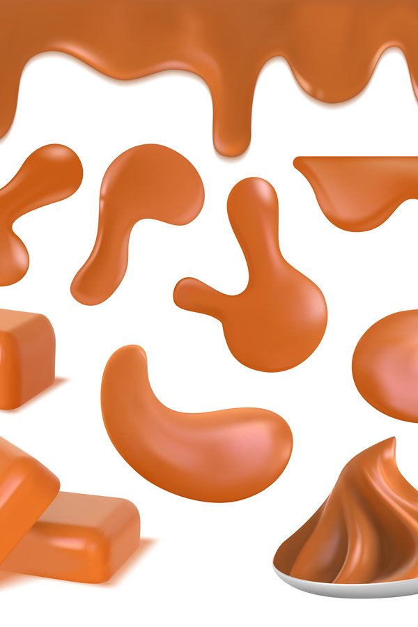 Realistic toffee melted caramel border, puddles and candy. P