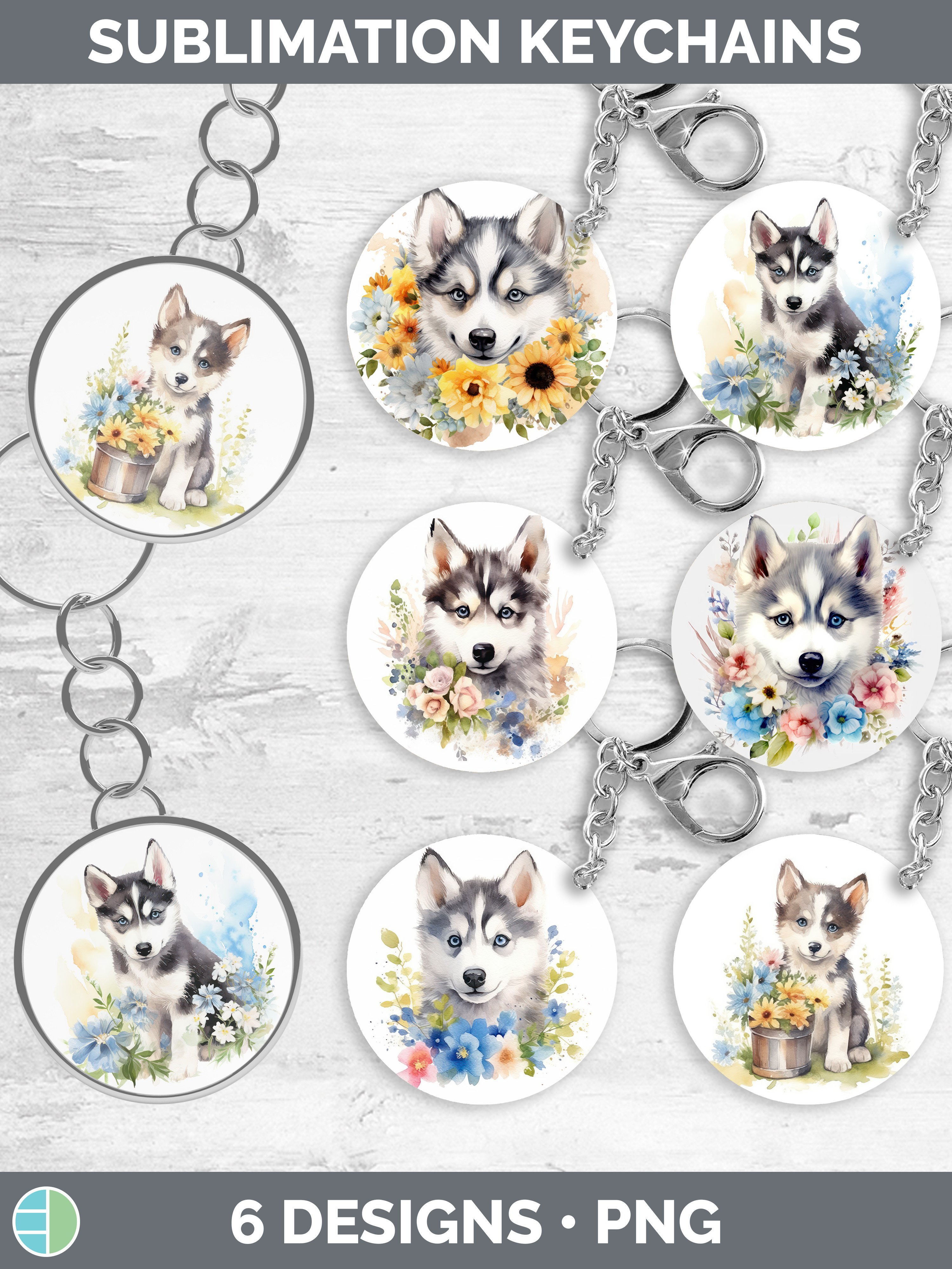 Watercolor Husky Dog Keychain | Sublimation Keyring Designs