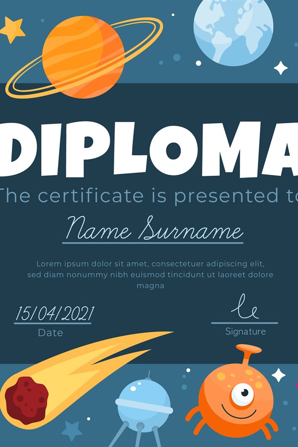 Space diploma. Happy kids astronauts fly around info frame c