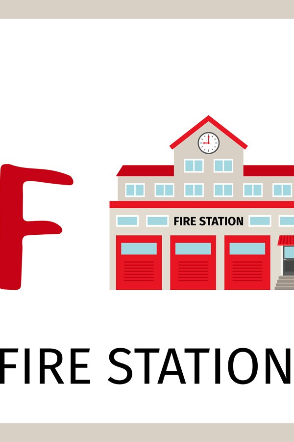 Alphabet card with fire station building