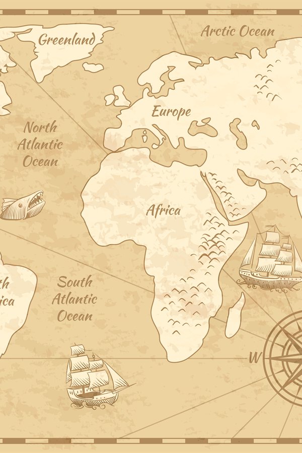 Vintage world map. Ancient world antiquity paper map with co