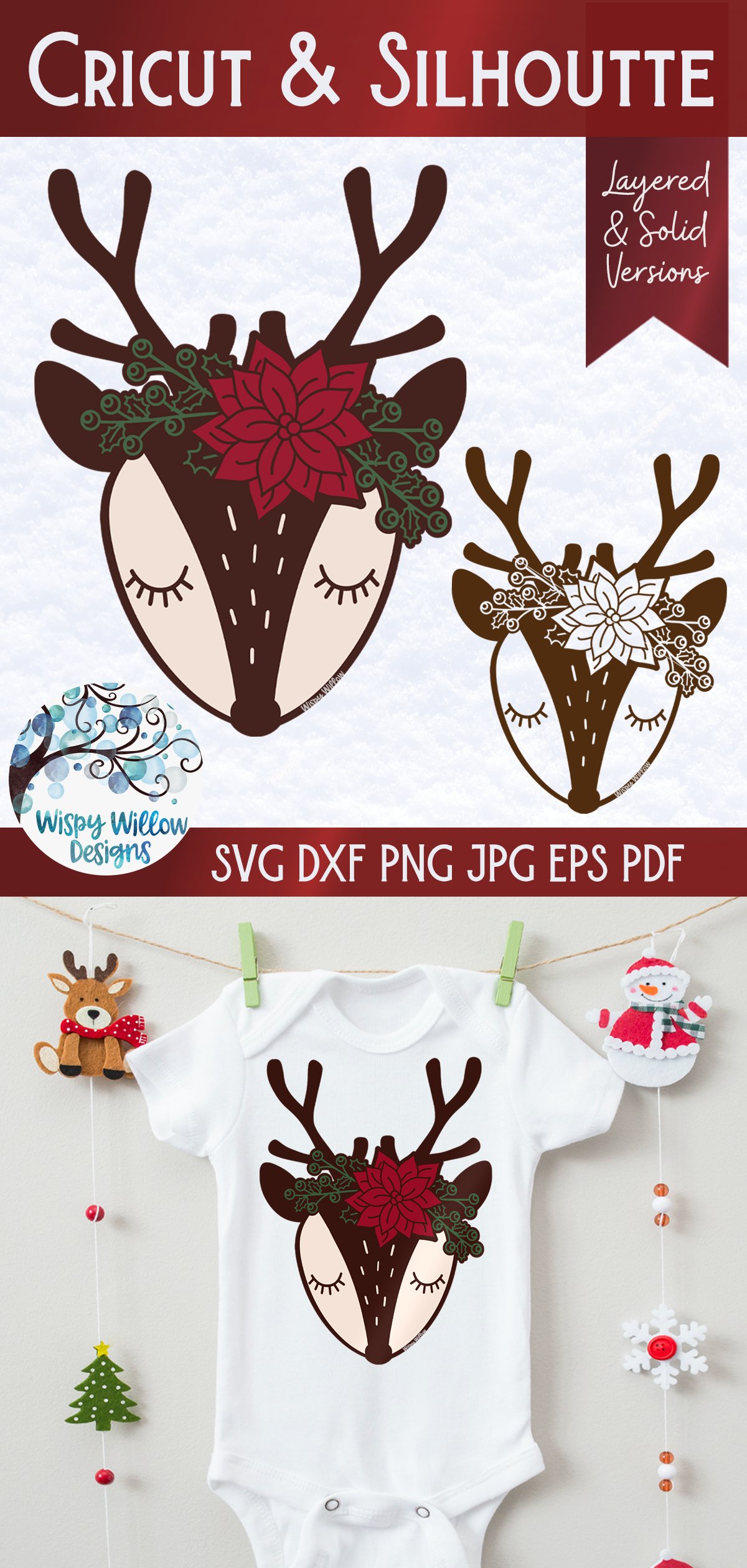 Christmas Reindeer with Flowers SVG Cut File